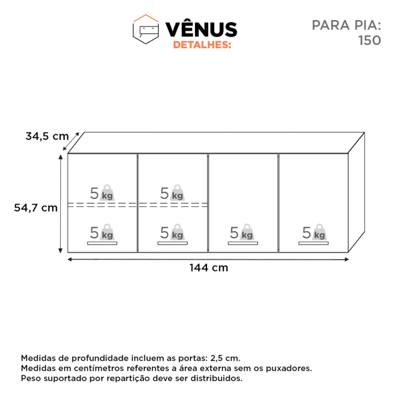 Armário Aéreo De Aço Venus Flat 1.50 Branco 87773 Cozimax
